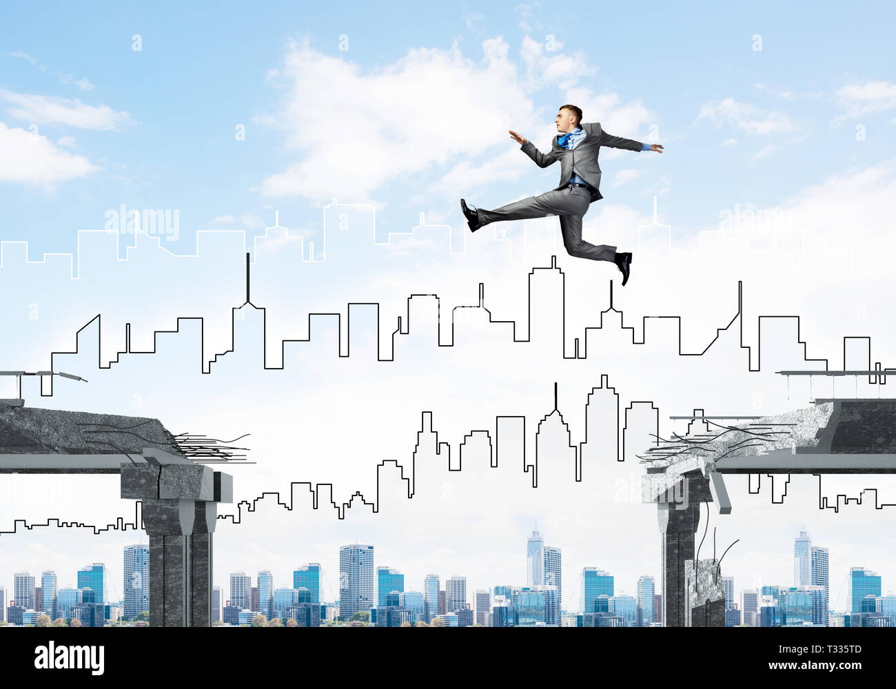 Businessman jumping over gap in concrete bridge as symbol of overcoming ...