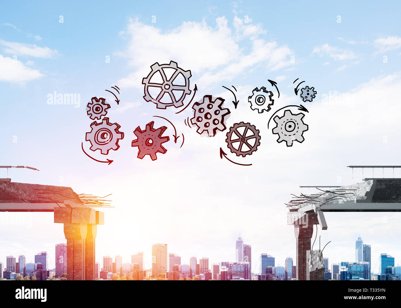 Sketched gear mechanism over gap in concrete bridge as symbol of ...