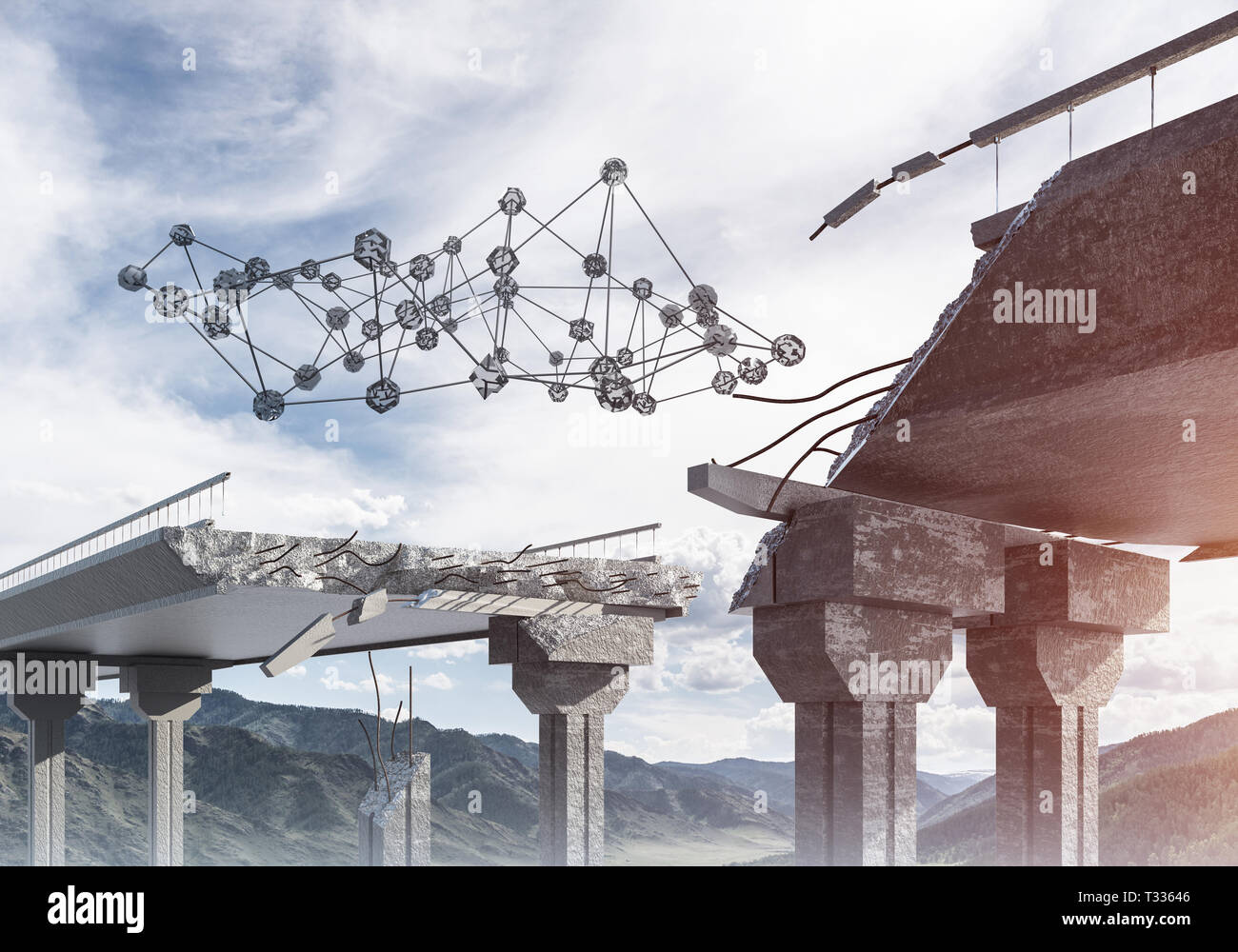 A gap in the concrete bridge with connection lines between as symbol of ...