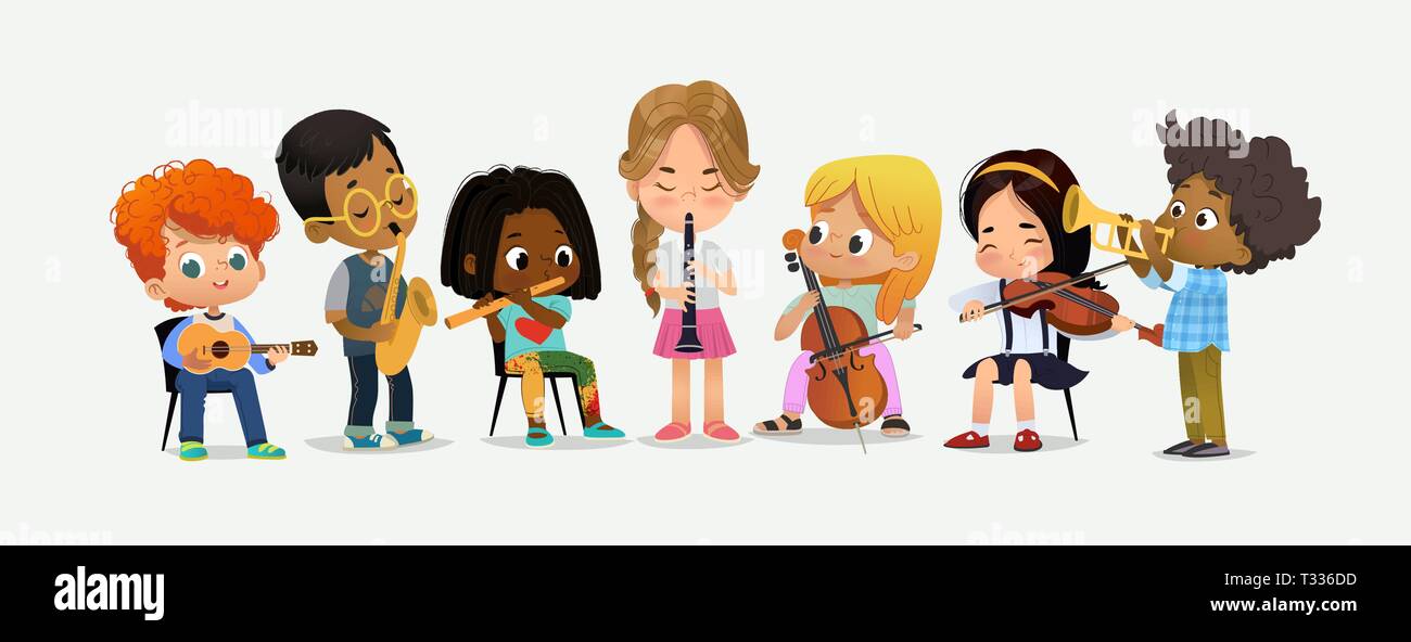 School Orchestra Kids Play Various Music Instrument Stock Vector Image ...