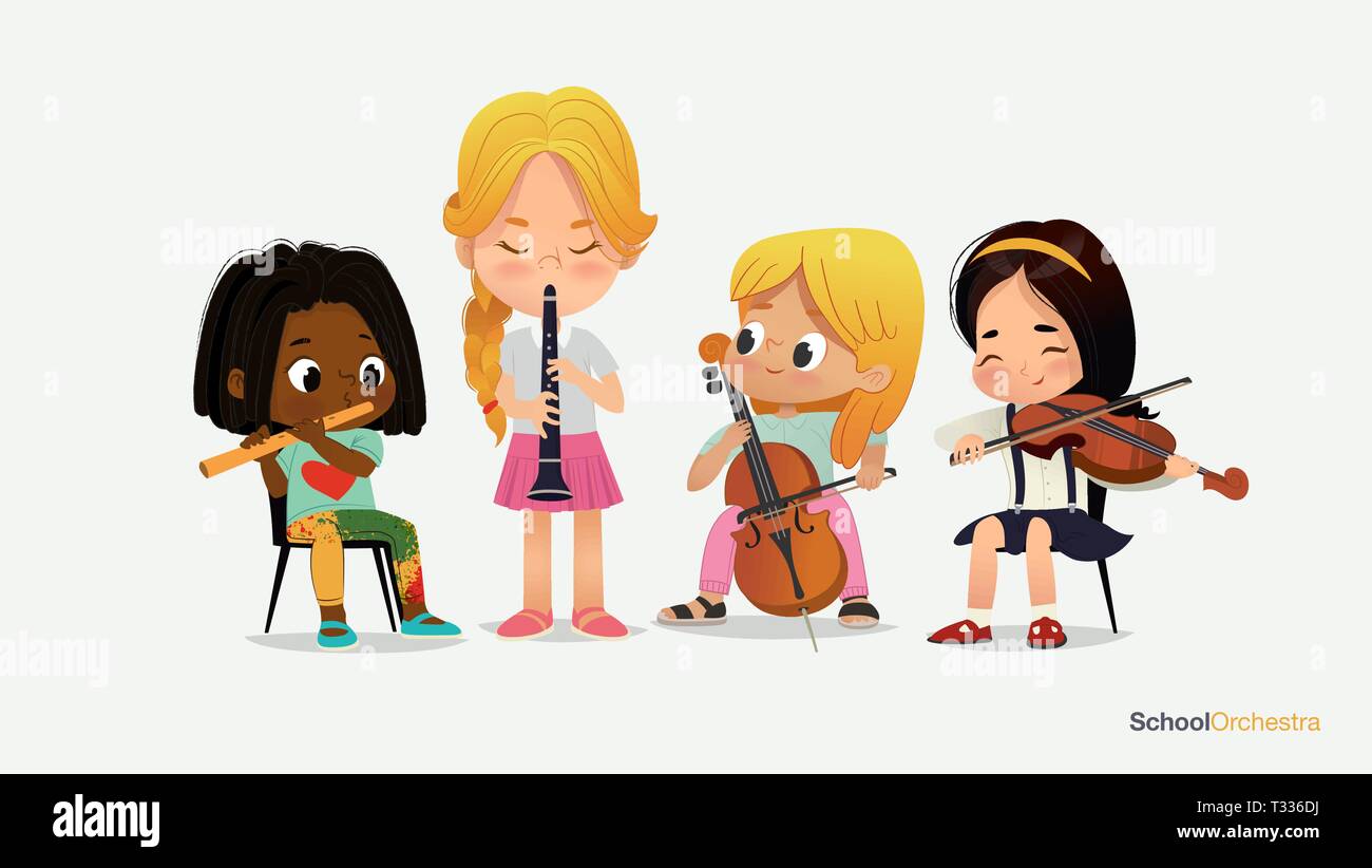 Children Girl Orchestra Play Different Music Instrument Stock Vector ...