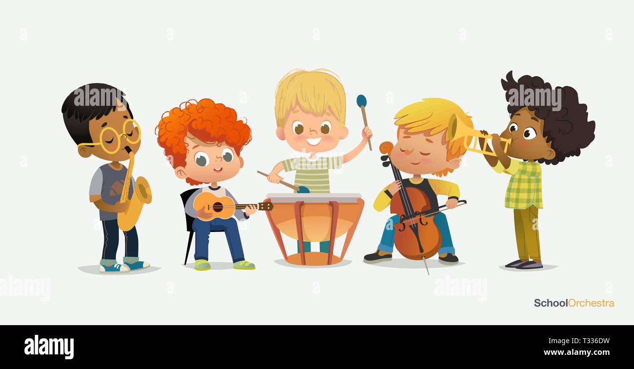 Kids Boy Orchestra Play Different Music Instrument Stock Vector Image ...