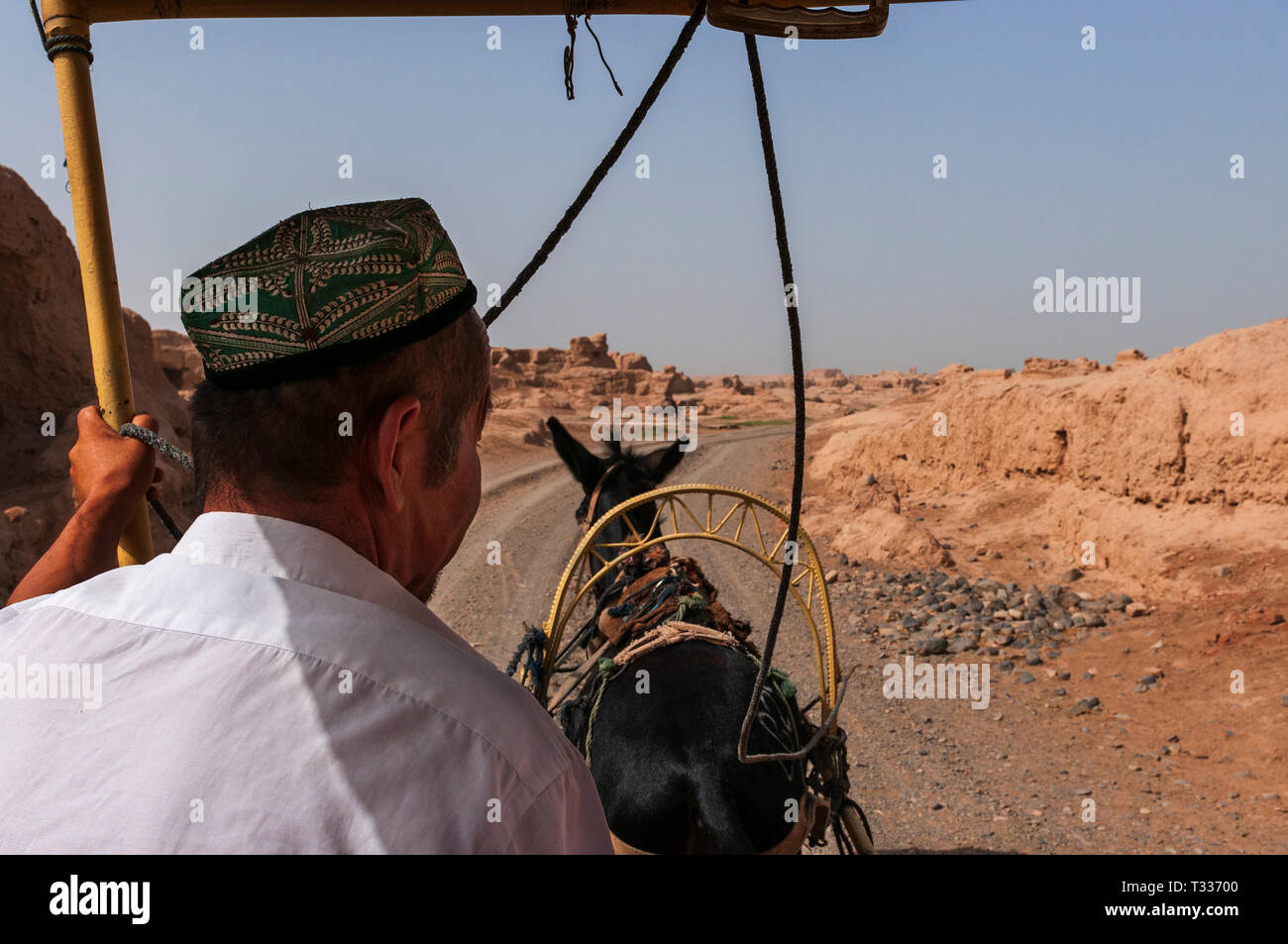 Gaochang ruins, Xinjiang, China - August 12, 2012: Man riding a donkey ...