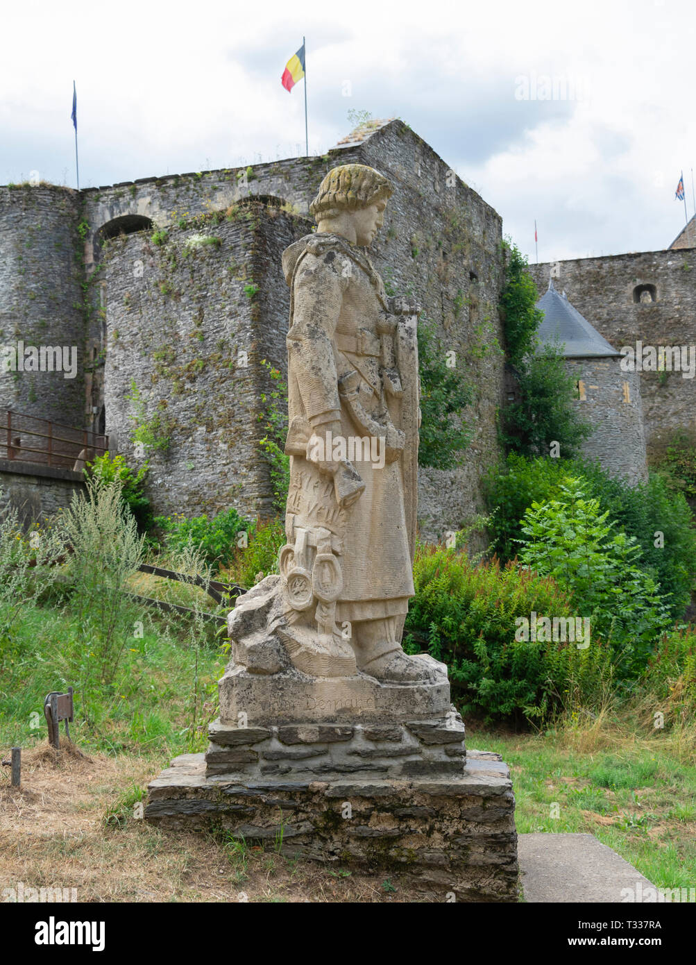 Bouillon, Belgium - July 23, 2018 Statue Godfried van Bouillon with in ...