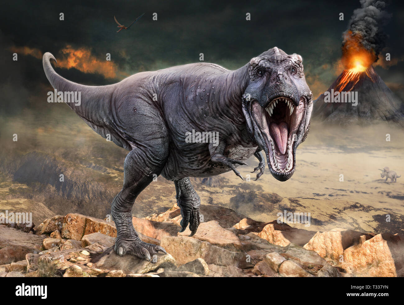 Scene dinosaur volcano illustration hi-res stock photography and images ...