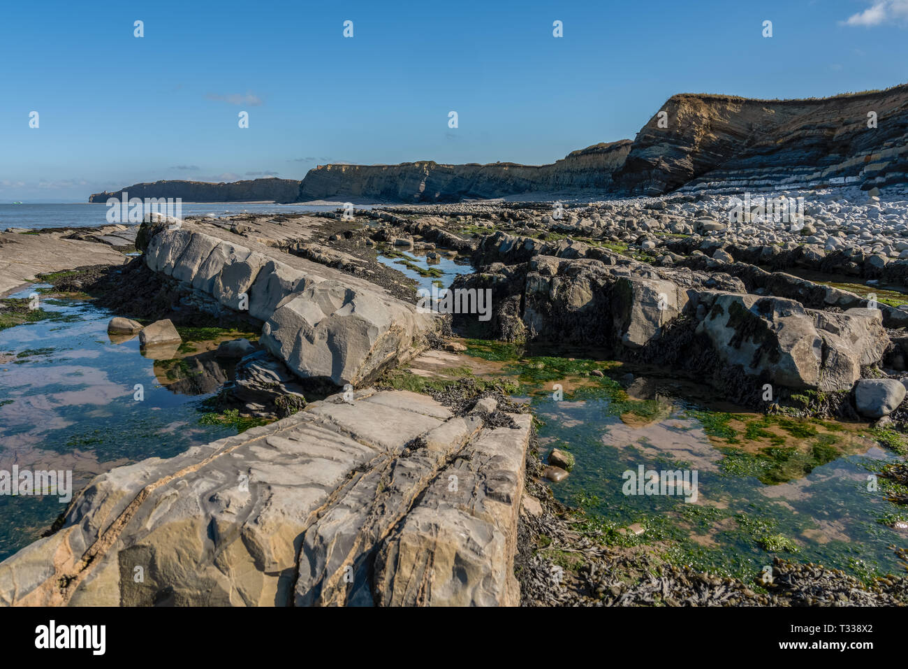 Kilve Beach in Somerset, England, UK - looking over the Bristol Channel ...