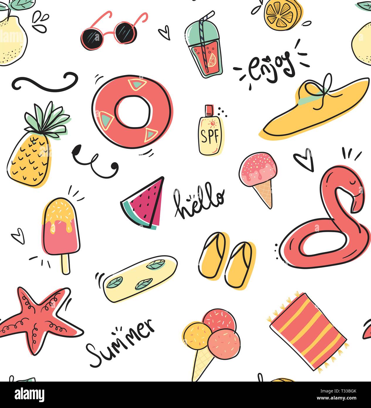 cute doodle summer collection pattern seamless flat vector illustration ...