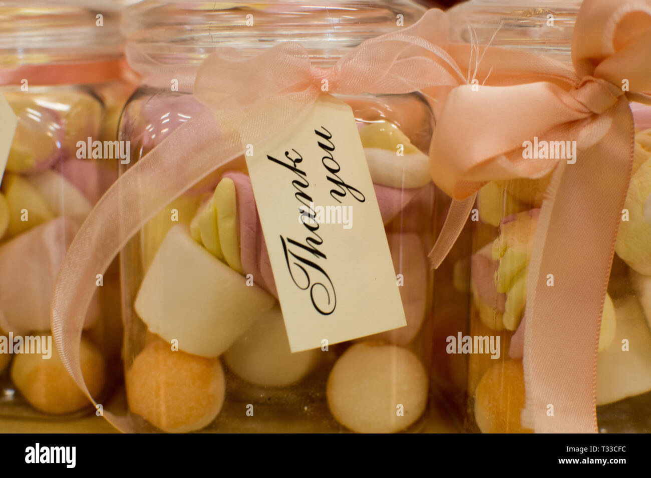 Marshmallow sweets in a jar with Thank You message as a birthday return ...