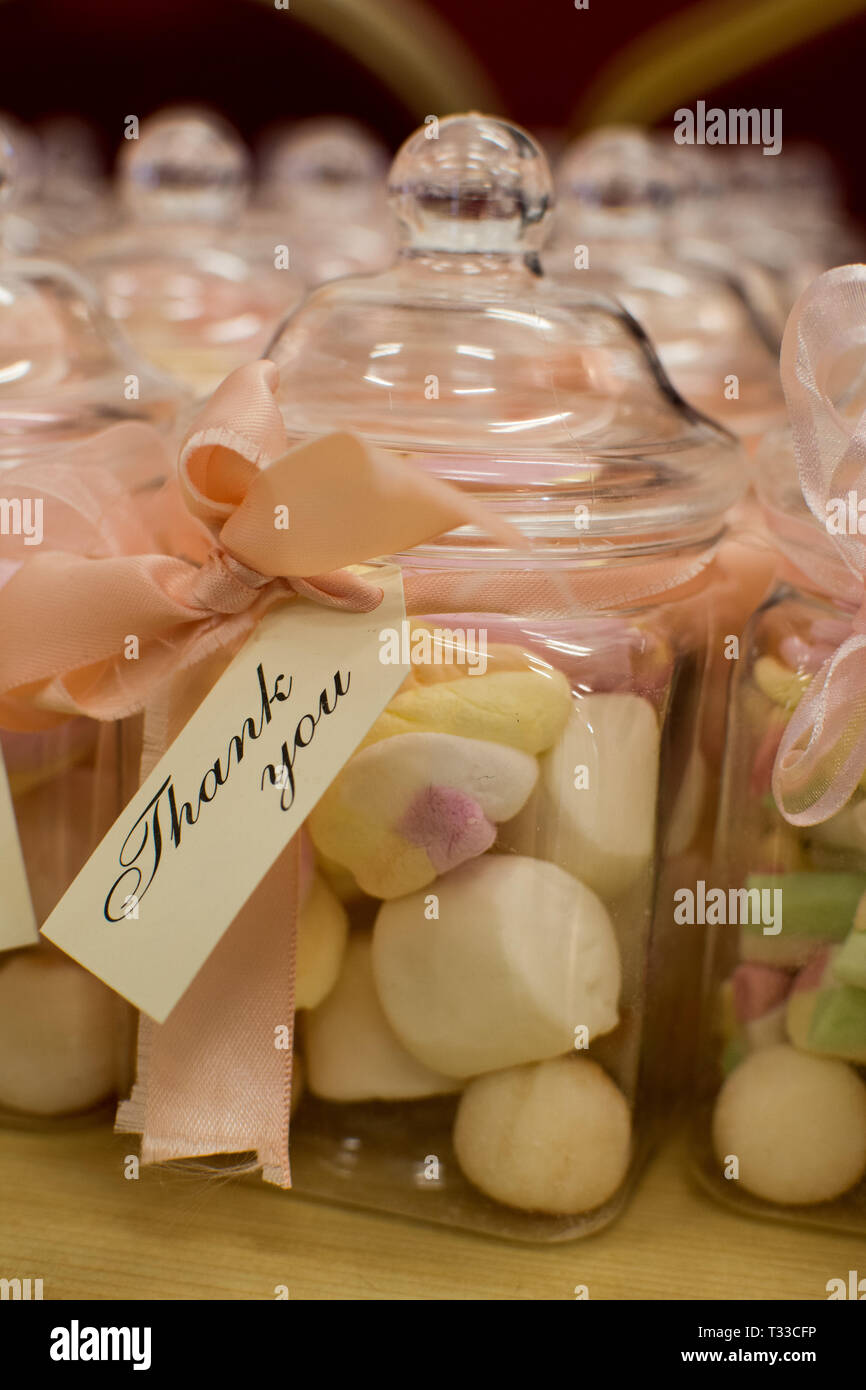 Marshmallow sweets in a jar with Thank You message as a birthday return ...