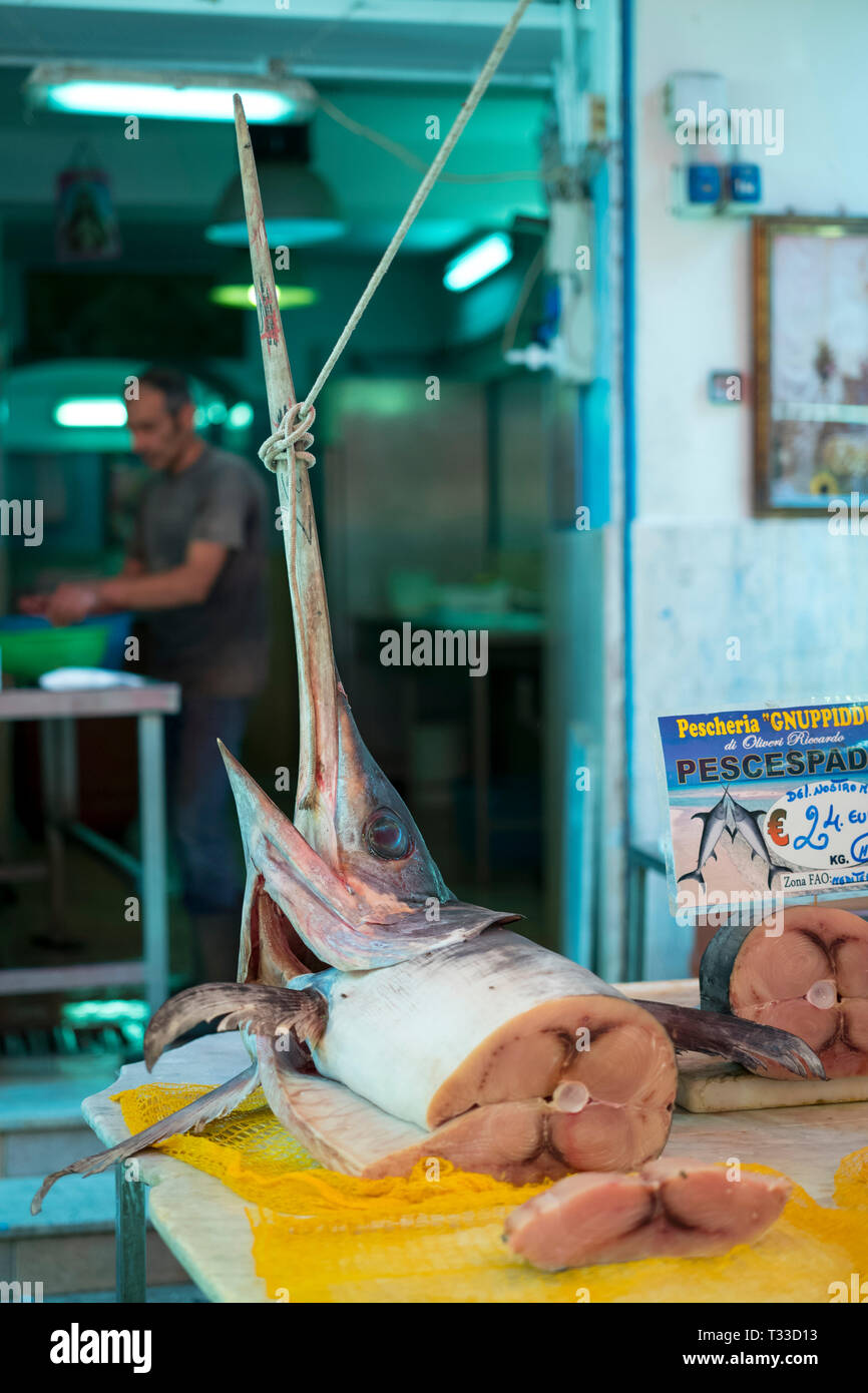 Fresh Swordfish on sale at the Capo street market for fresh food in ...