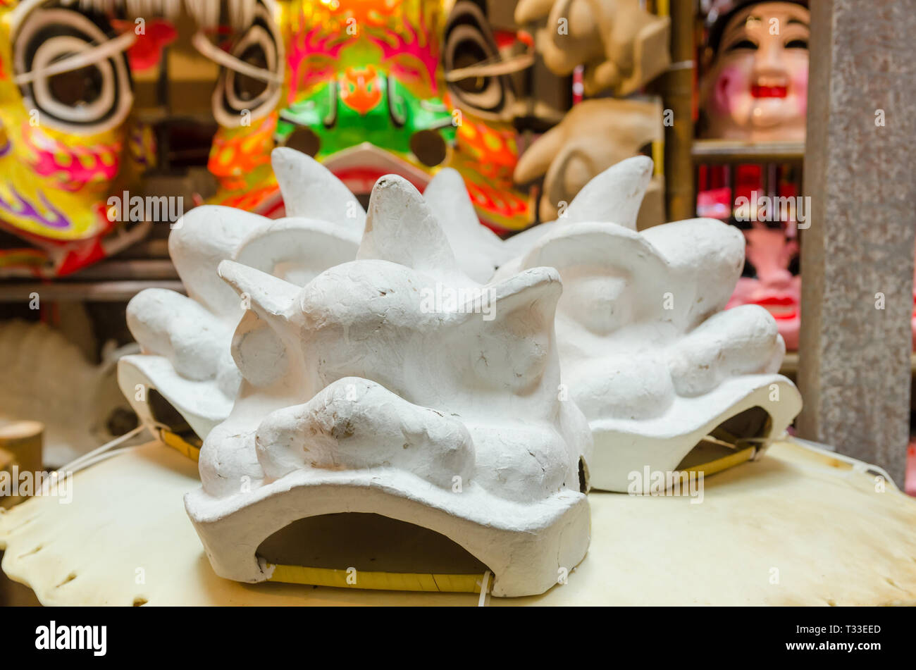 Traditional chinese lion dance head mold display on the shelves Stock ...