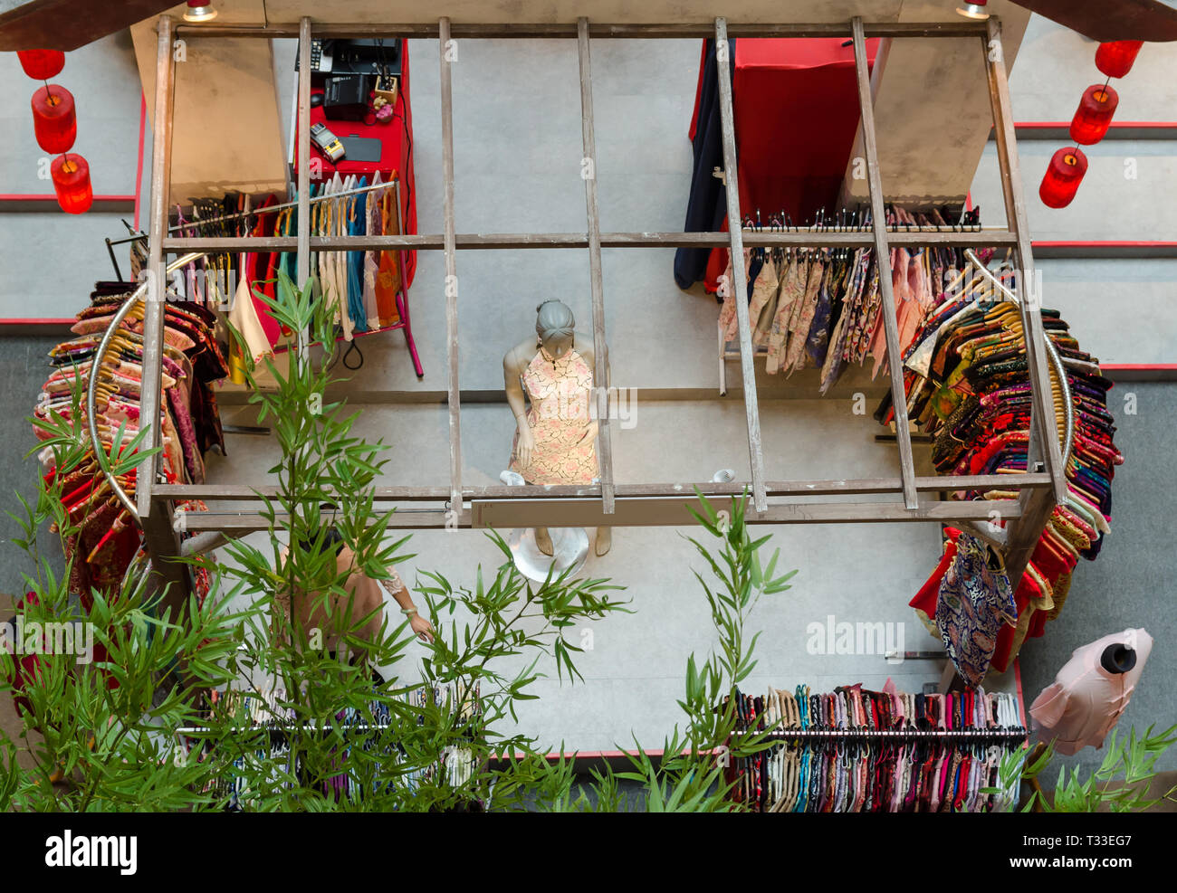 Top view of the boutique selling colorful Chinese cheongsam during ...
