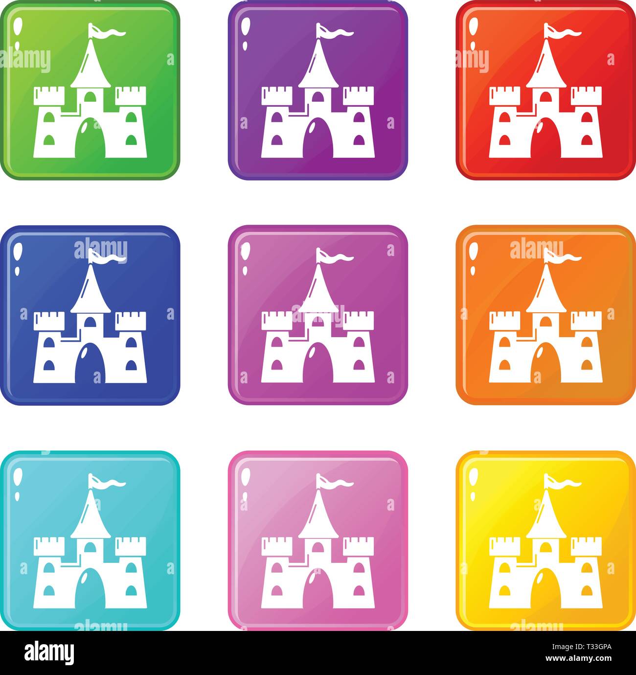 Castle building icons set 9 color collection isolated on white for any ...