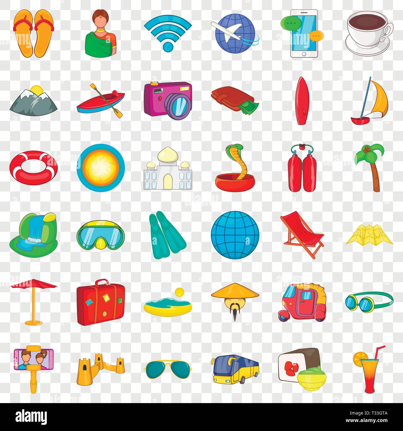Long travel icons set. Cartoon style of 36 long travel vector icons for ...