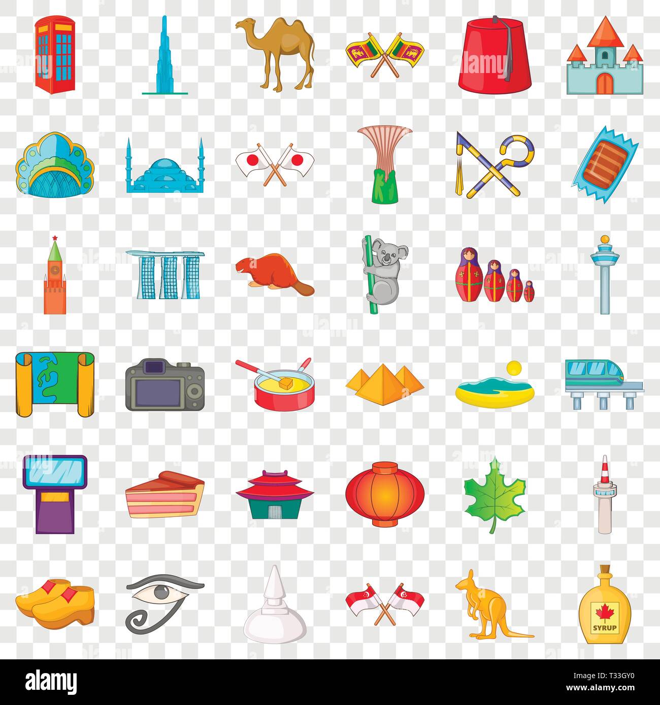 Beautiful landmark icons set. Cartoon style of 36 beautiful landmark ...