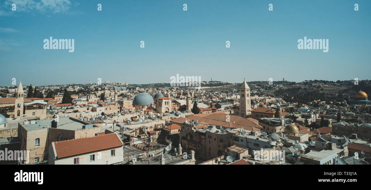 Roofs, buildings, Holy Sepulcher Church Dome and high minarets in old ...
