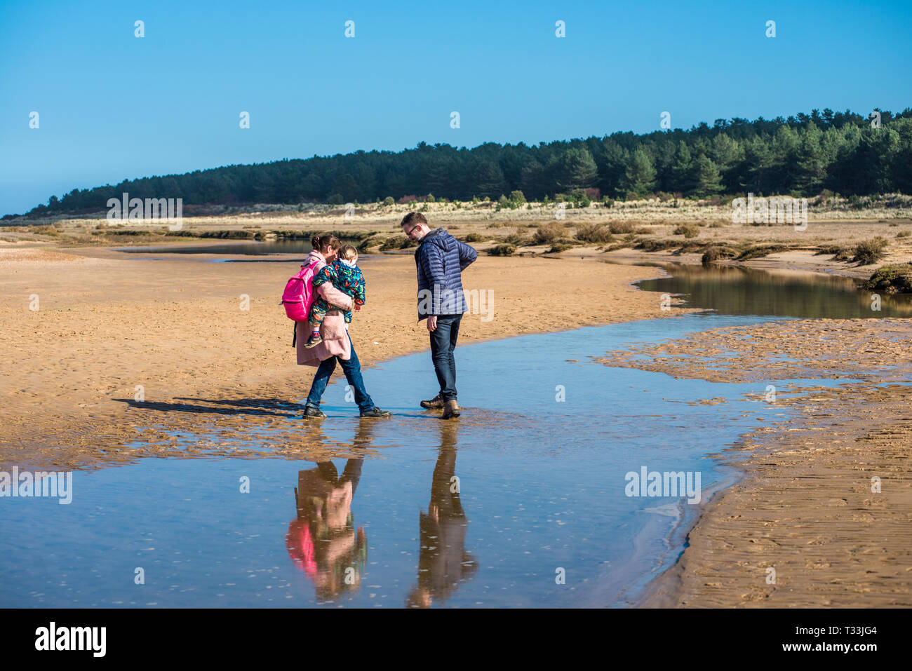 A family cross water pools left by the tide on sandy beach at Holkham ...