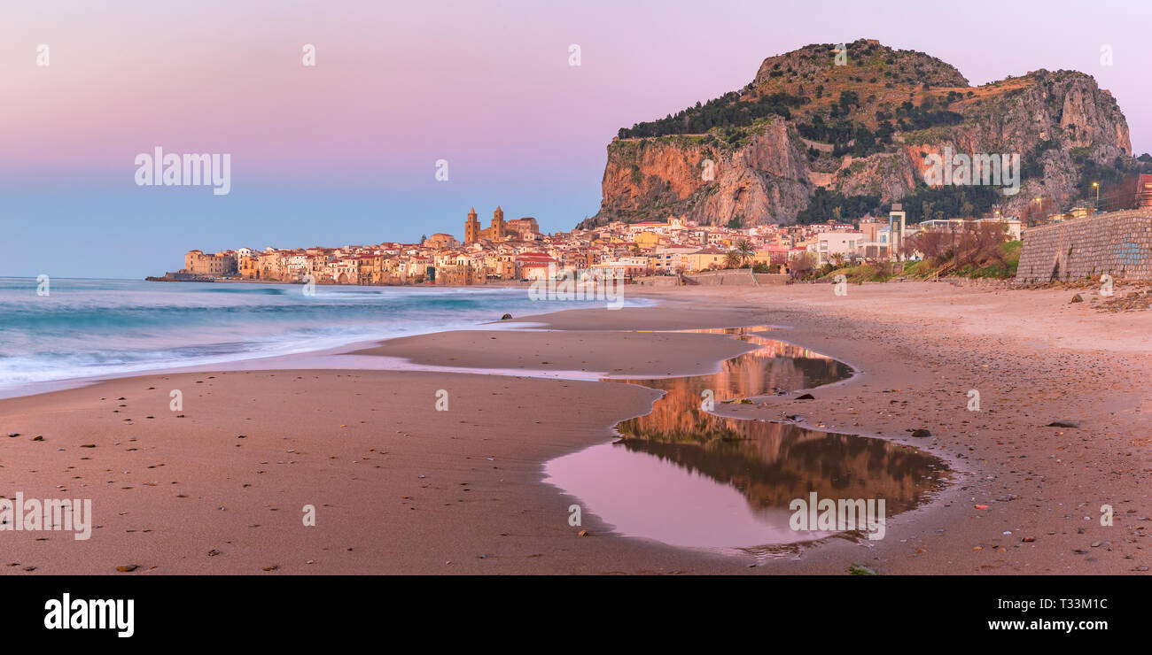 Beautiful panoramic view of the beach, Cefalu Cathedral and old town of ...