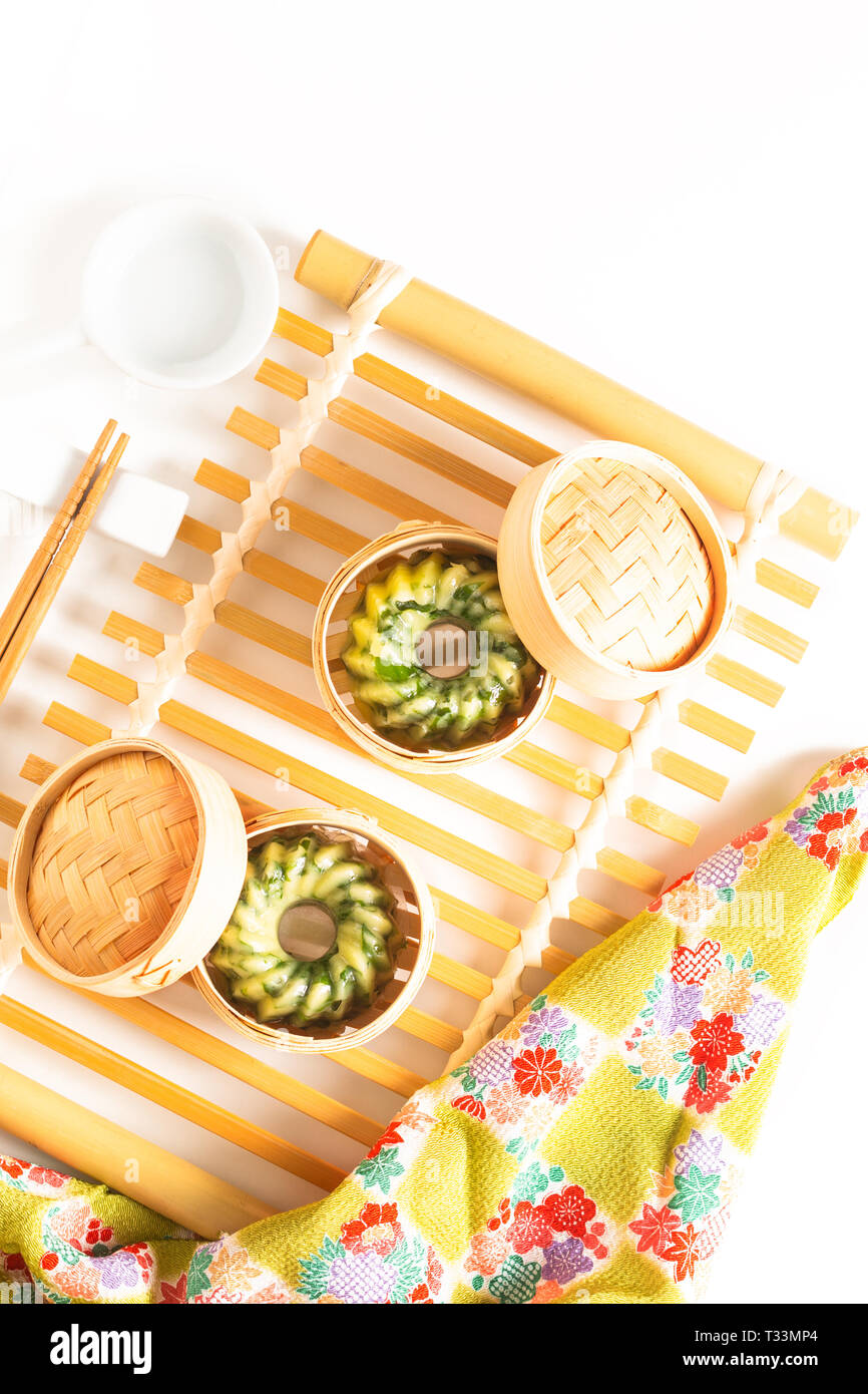 Asian Food concept homemade Dim Sum steamed garlic chives dumplings in ...