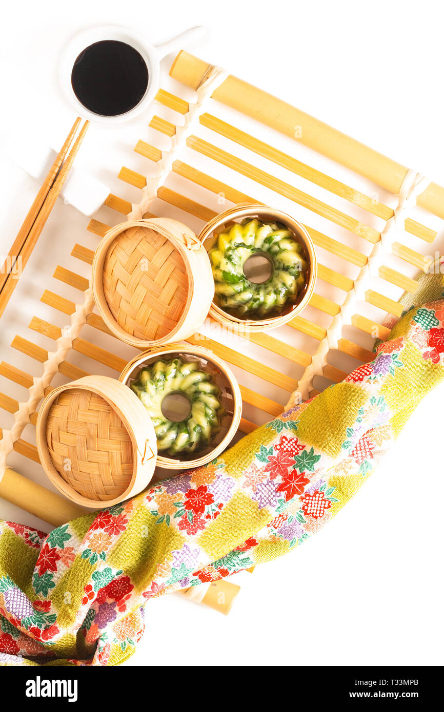 Asian Food concept homemade Dim Sum steamed garlic chives dumplings in ...