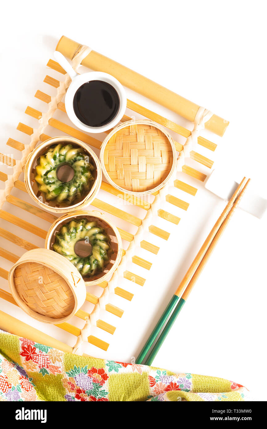 Asian Food concept homemade Dim Sum steamed garlic chives dumplings in ...