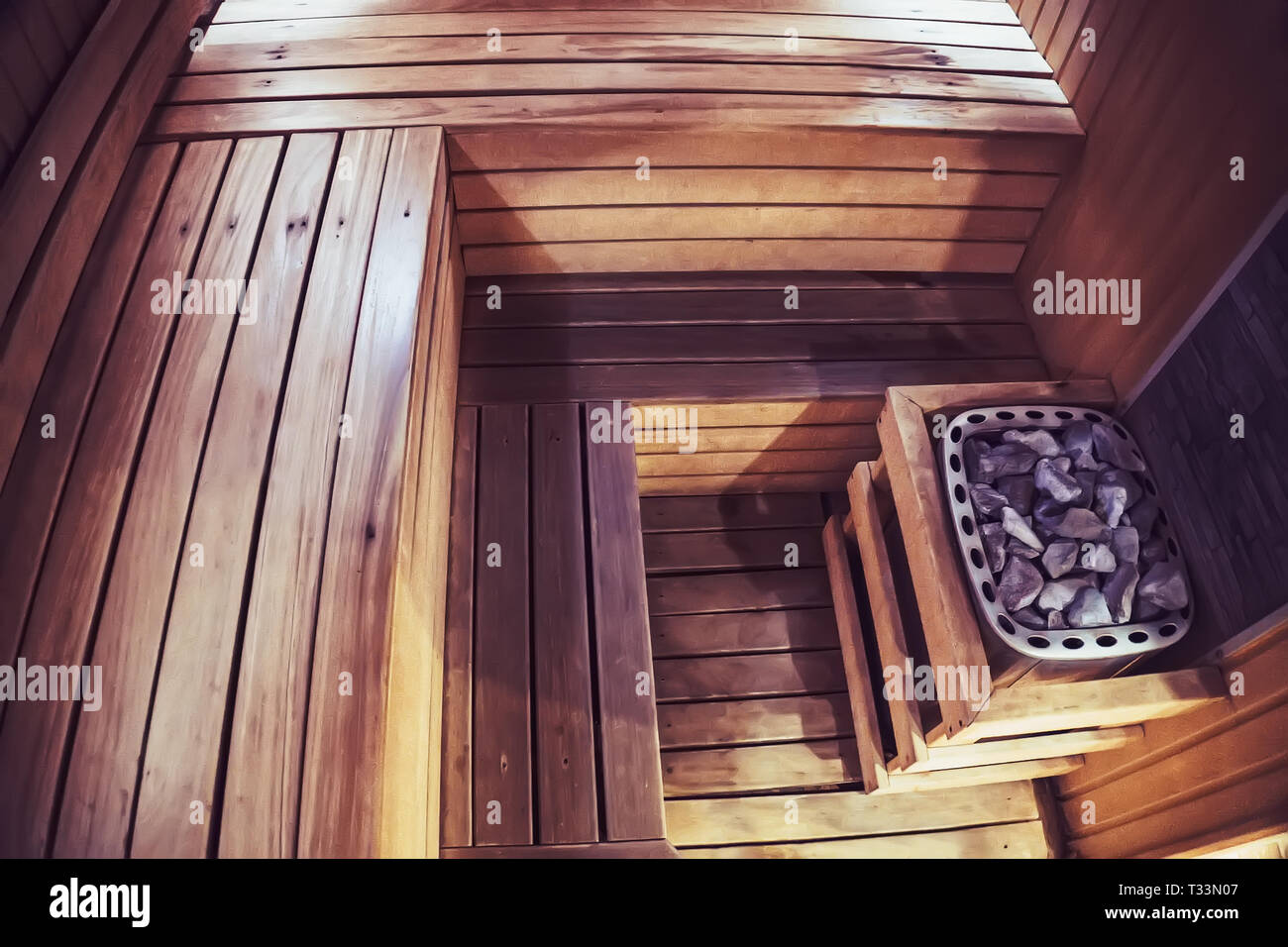 Interior wooden sauna room. Interior of Finnish sauna, classic wooden ...