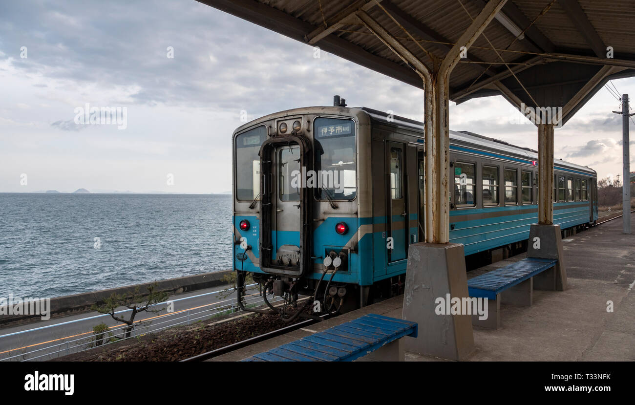 A Japan Rail Shikoku Yosan Line train at Shimonada Station in Ehime ...