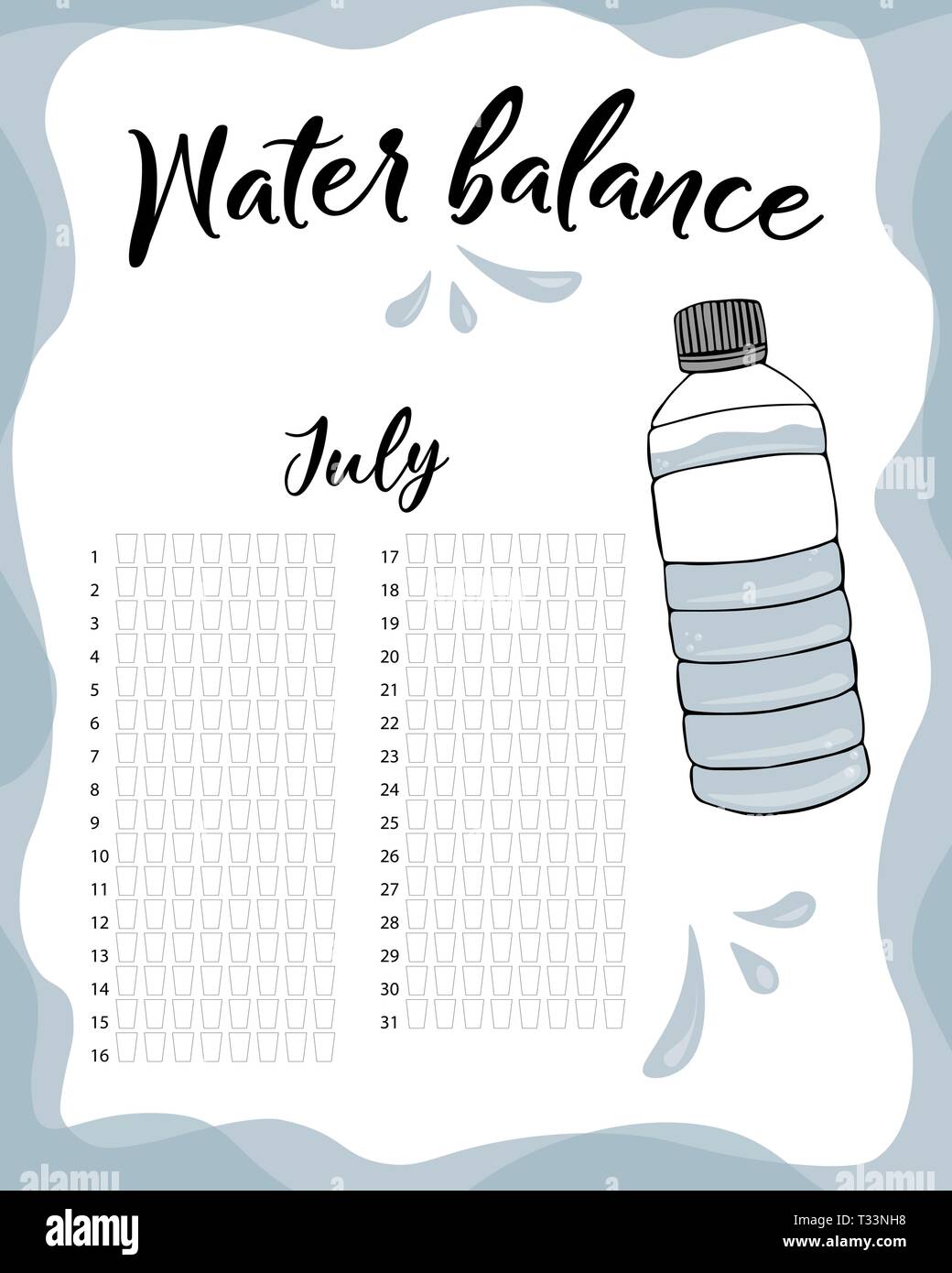 Water consumption per week and month July. Water balance vector ...