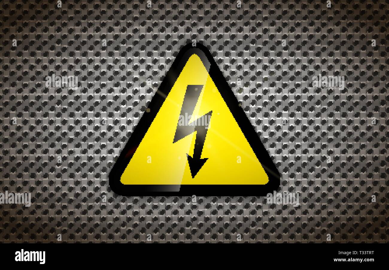 Bright high voltage sign on metallic grid, industrial background Stock ...