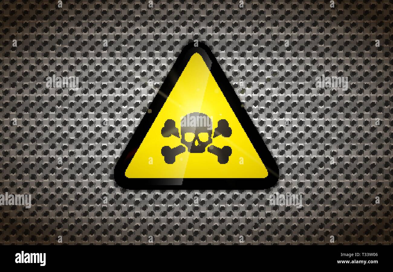 Bright yellow warning sign with black skull on metallic grid ...