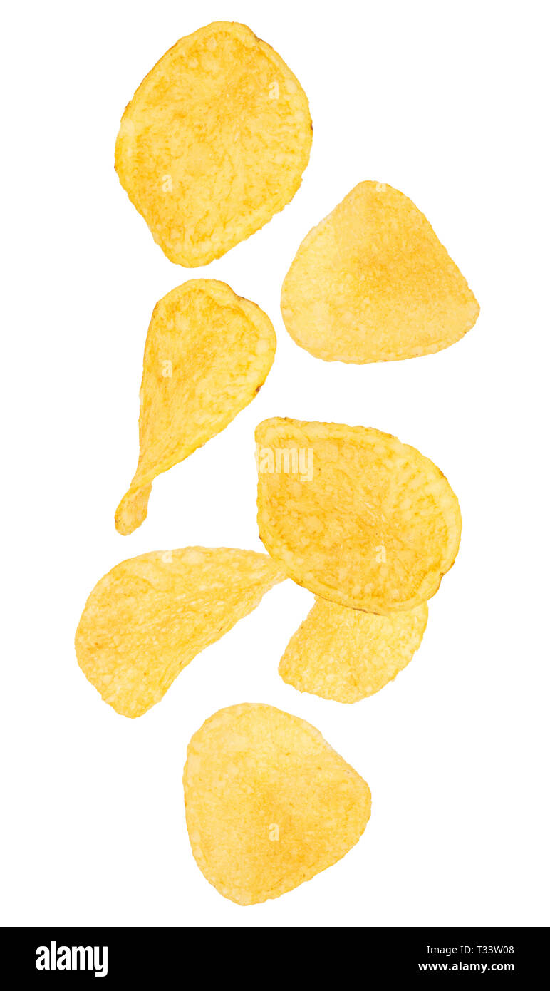 Falling potato chips isolated on white background Stock Photo - Alamy