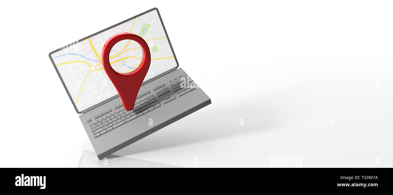 GPS, navigation concept. Pointer location on laptop flying isolated on ...