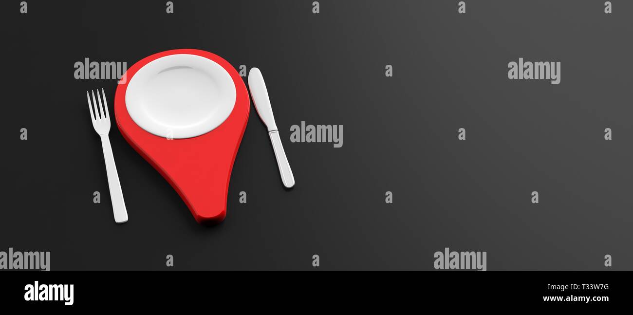 Restaurant delivery, fast food concept. Red location pointer and place setting on black color ...