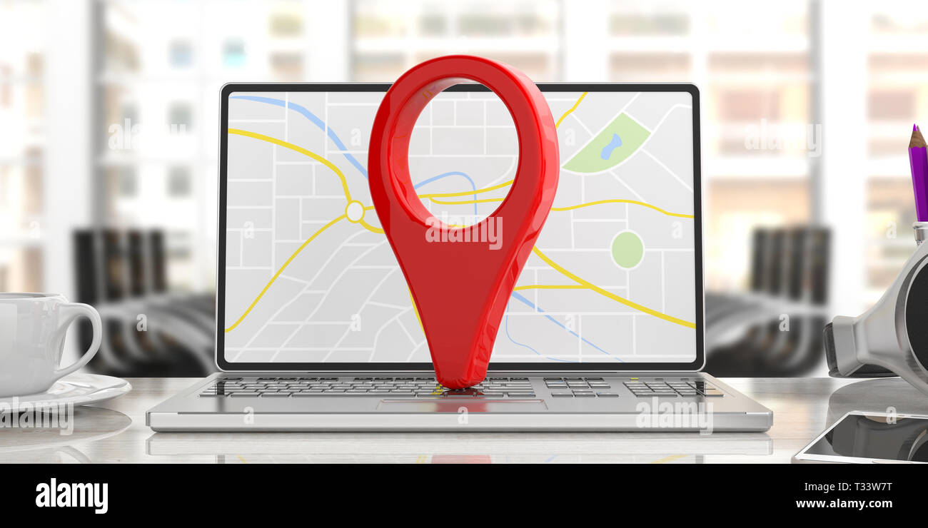 GPS, navigation concept. Red pointer location on laptop, business ...