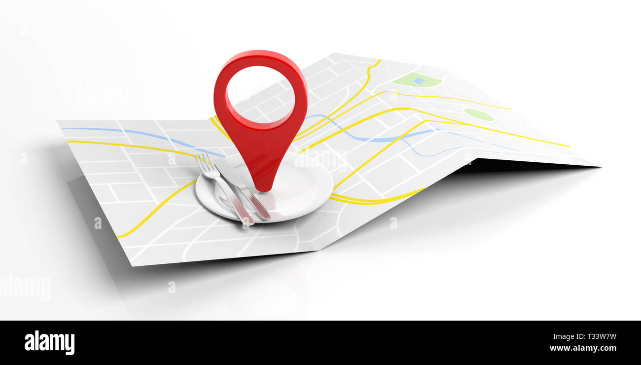 Restaurant location, food concept. Red location pointer and table ...