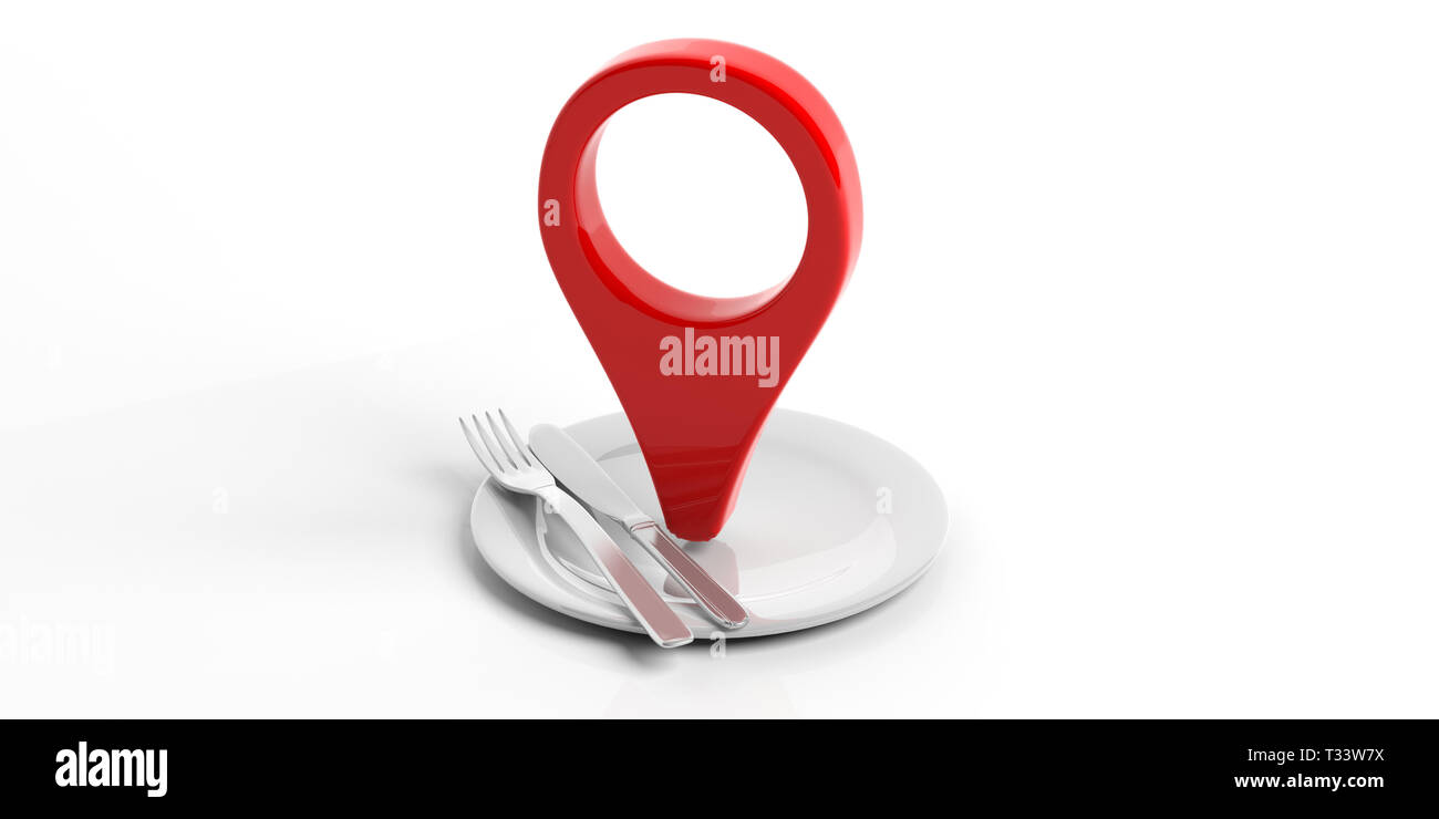 Restaurant delivery, fast food concept. Red location pointer and table ...