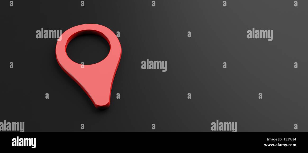 Map pointer location, red color, on black color background, banner, copy space. 3d illustration ...