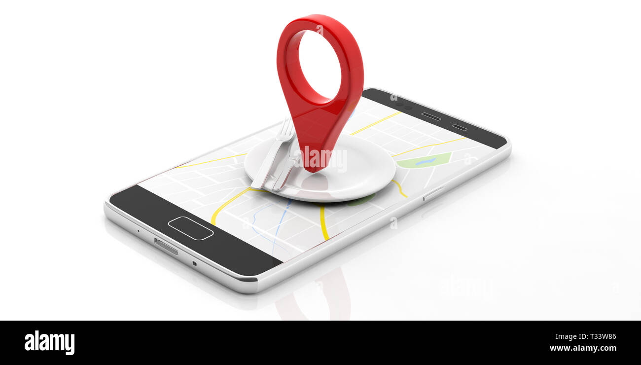 Restaurant online delivery, fast food concept. Red location pointer and ...