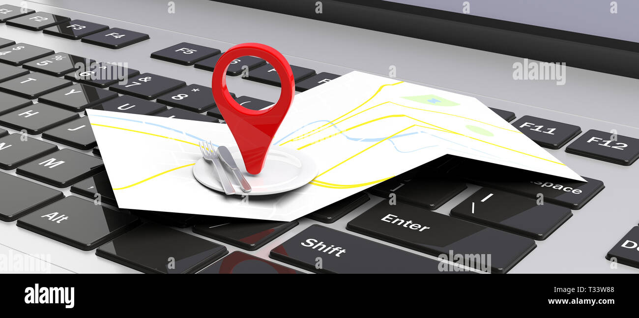 Restaurant online delivery, fast food concept. Red location pointer ...