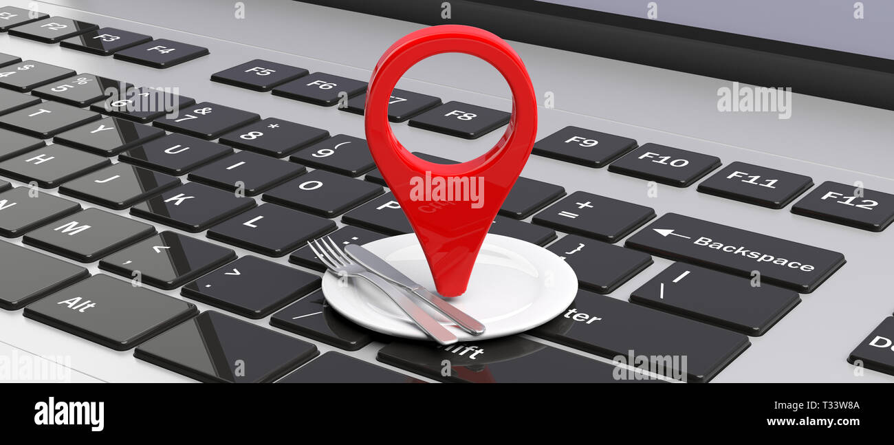 Restaurant online delivery, fast food concept. Red location pointer and ...