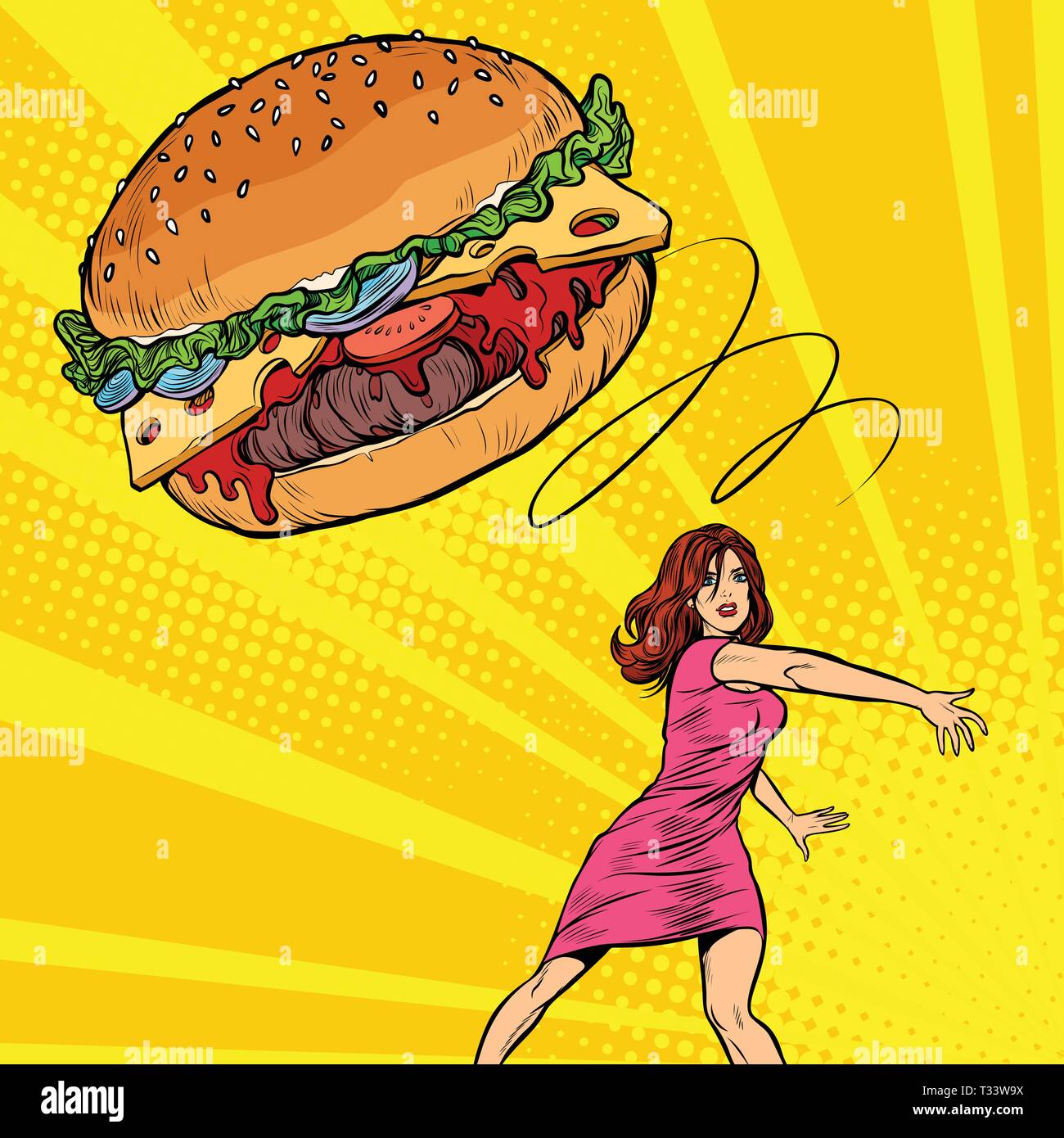 Woman throws Burger, fast food. Diet and healthy eating. Pop art retro ...