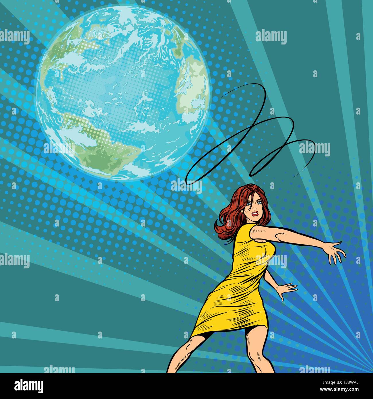 woman throws out planet earth. Pop art retro vector illustration ...