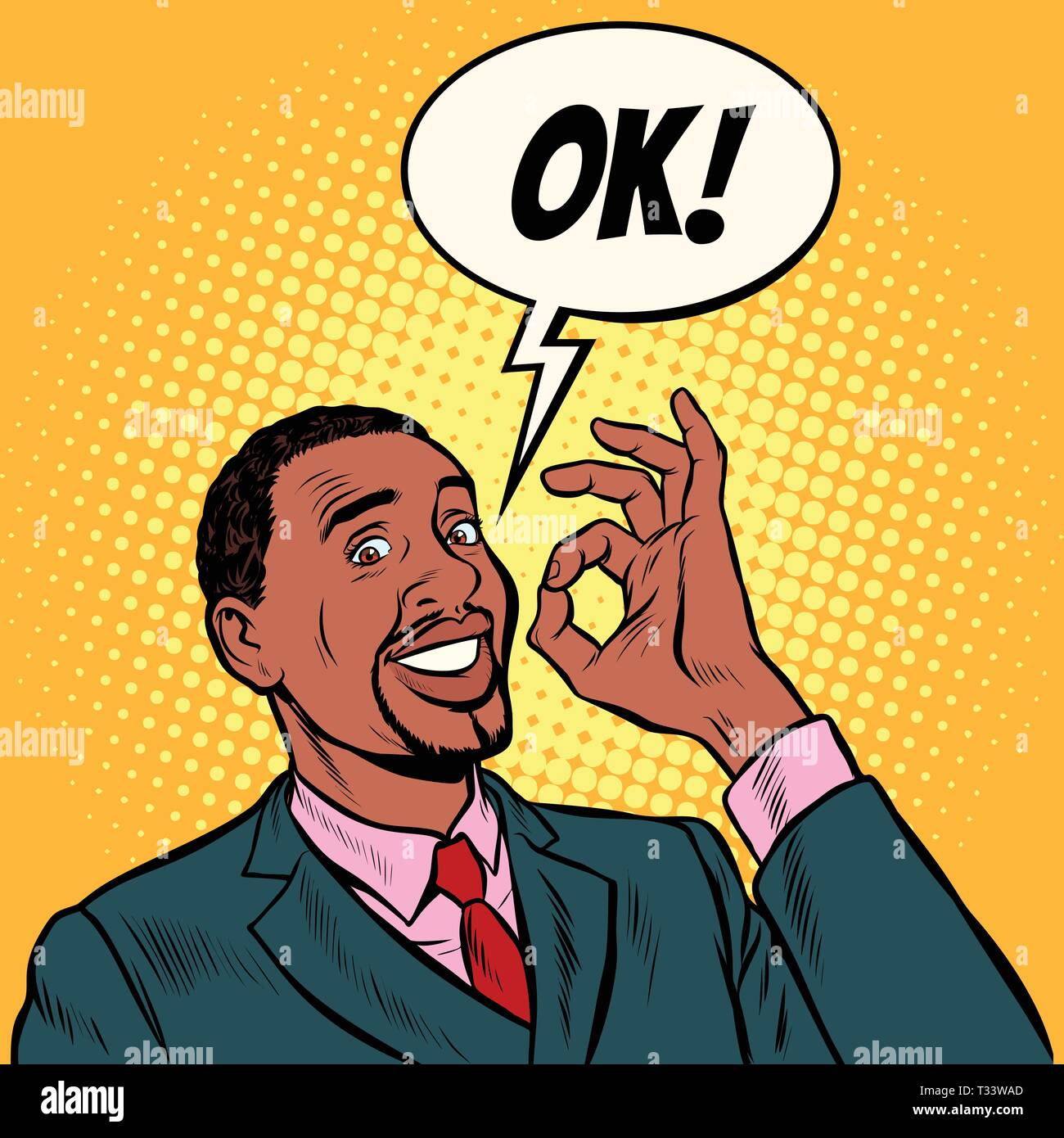 OK african man businessman. hand gesture okay. success good. Pop art ...