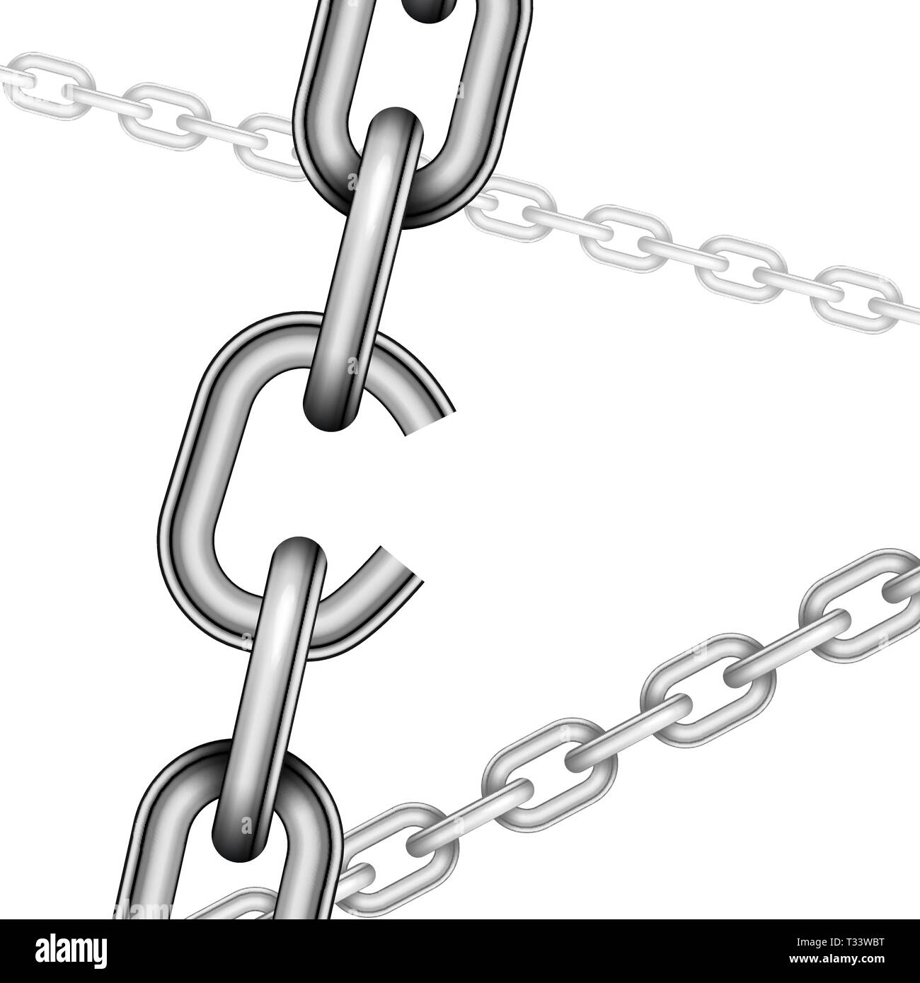 Weak link in glossy metallic chain isolated on white, conceptual ...