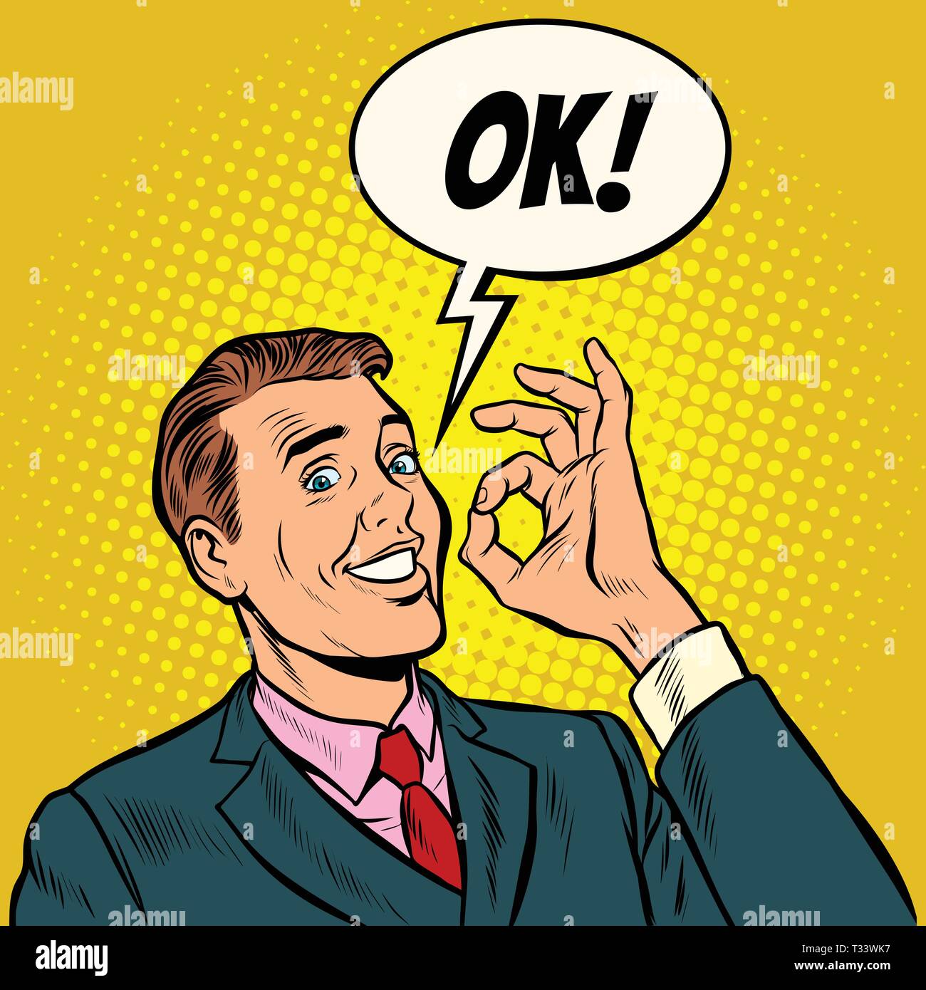 OK man businessman. hand gesture okay. success good. Pop art retro ...