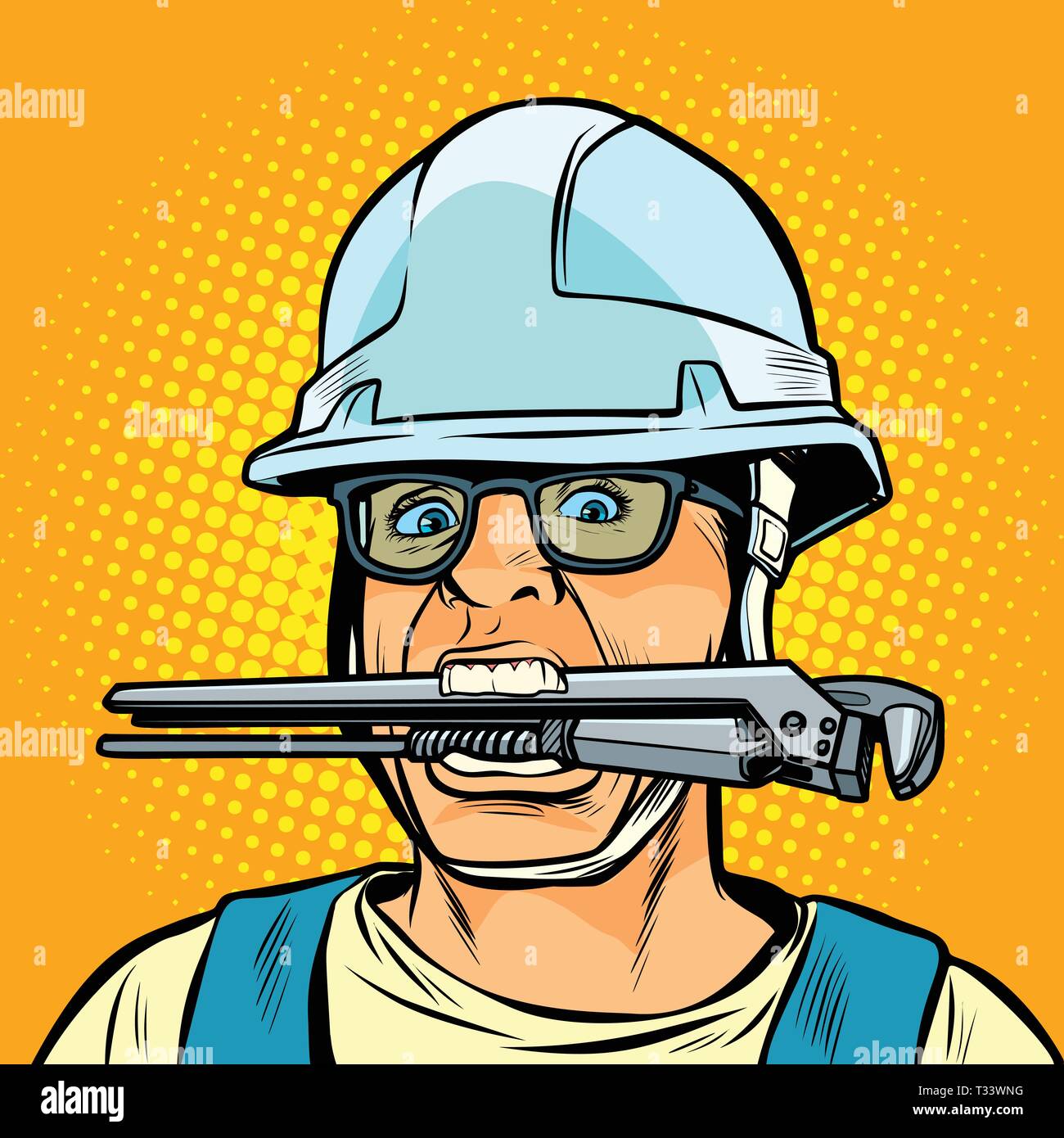 funny working professional plumber with a wrench. Pop art retro vector ...
