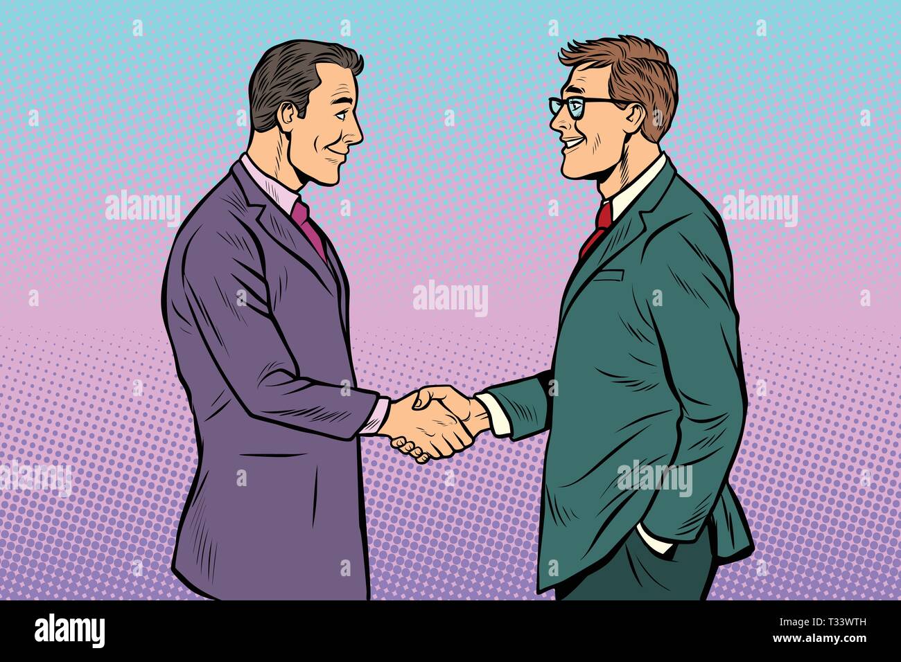 caucasian businessmen men handshake. Pop art retro vector illustration ...