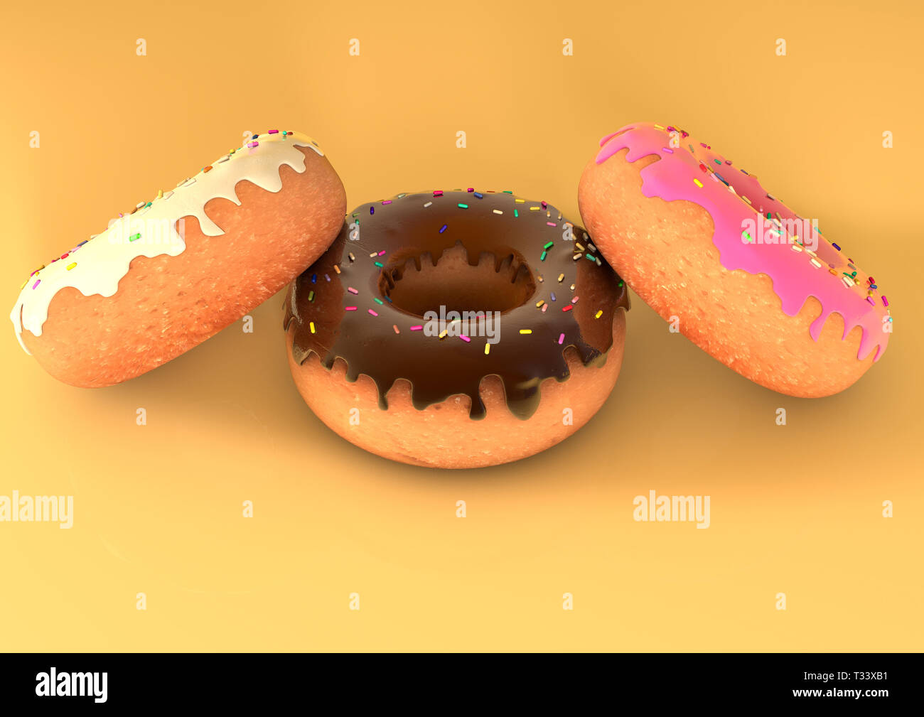 3D render of three doughnuts on a yellow background seen from the front ...