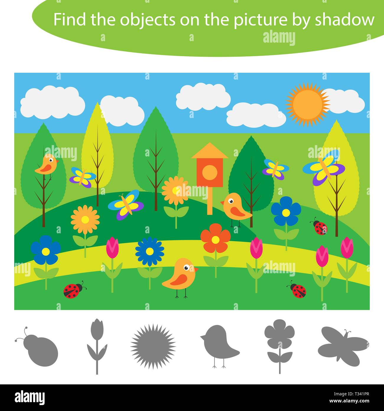 Find the objects on the picture by shadow, summer game for children in ...
