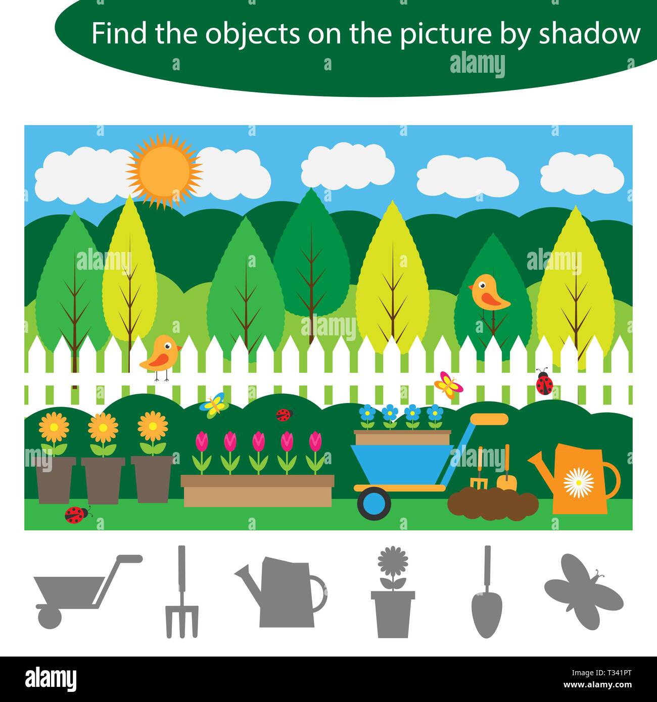 Find the objects by shadow, garden game for children in cartoon style ...